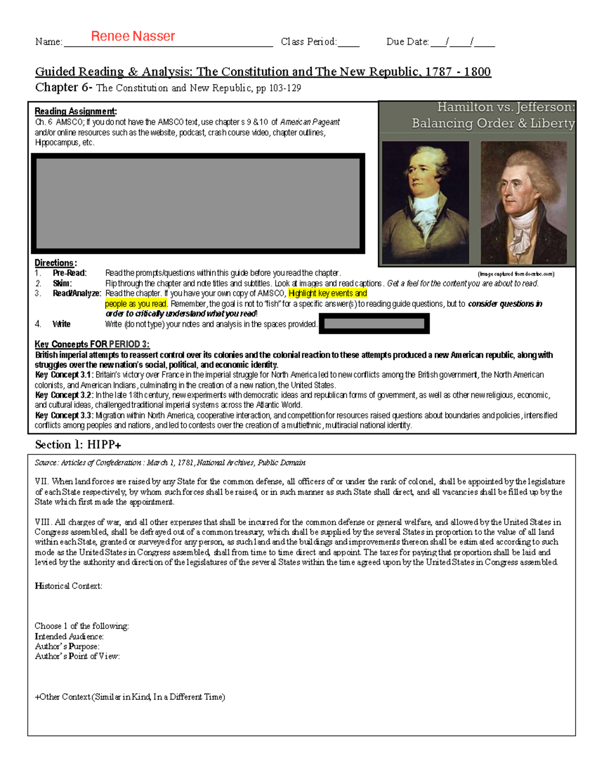 AMSCO Guided Reading: Chapter 6 - The Constitution & The New Republic ...