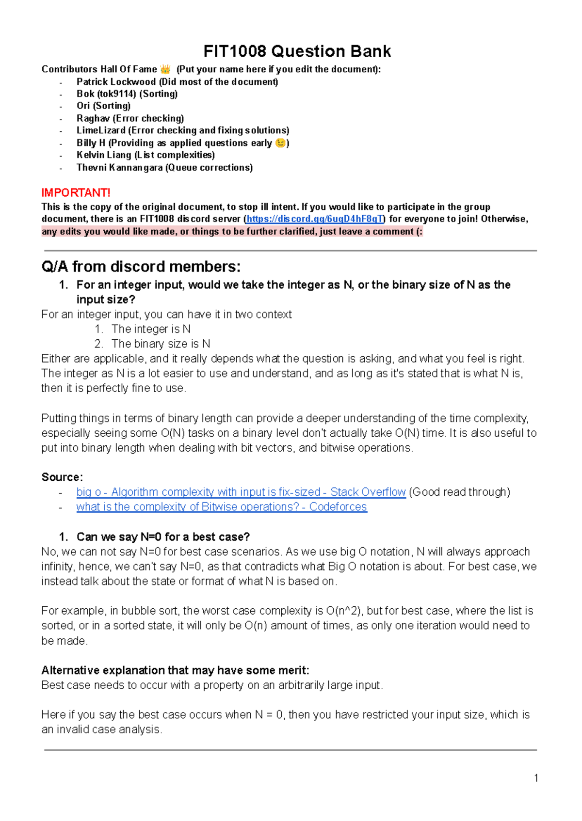 FIT1008 Question Bank: Sorting Algorithms and Complexity Analysis - Studocu