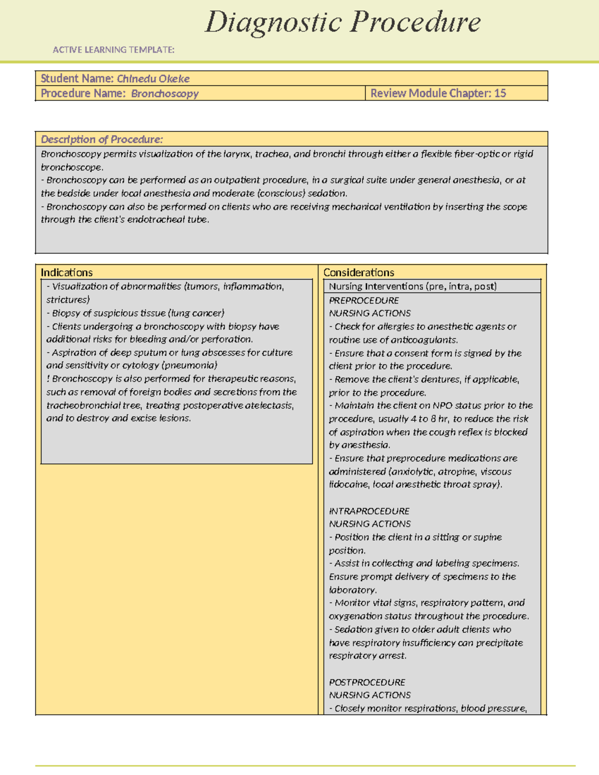 Bronchoscopy Template for cardiovascular - Student Name: Chinedu Okeke ...