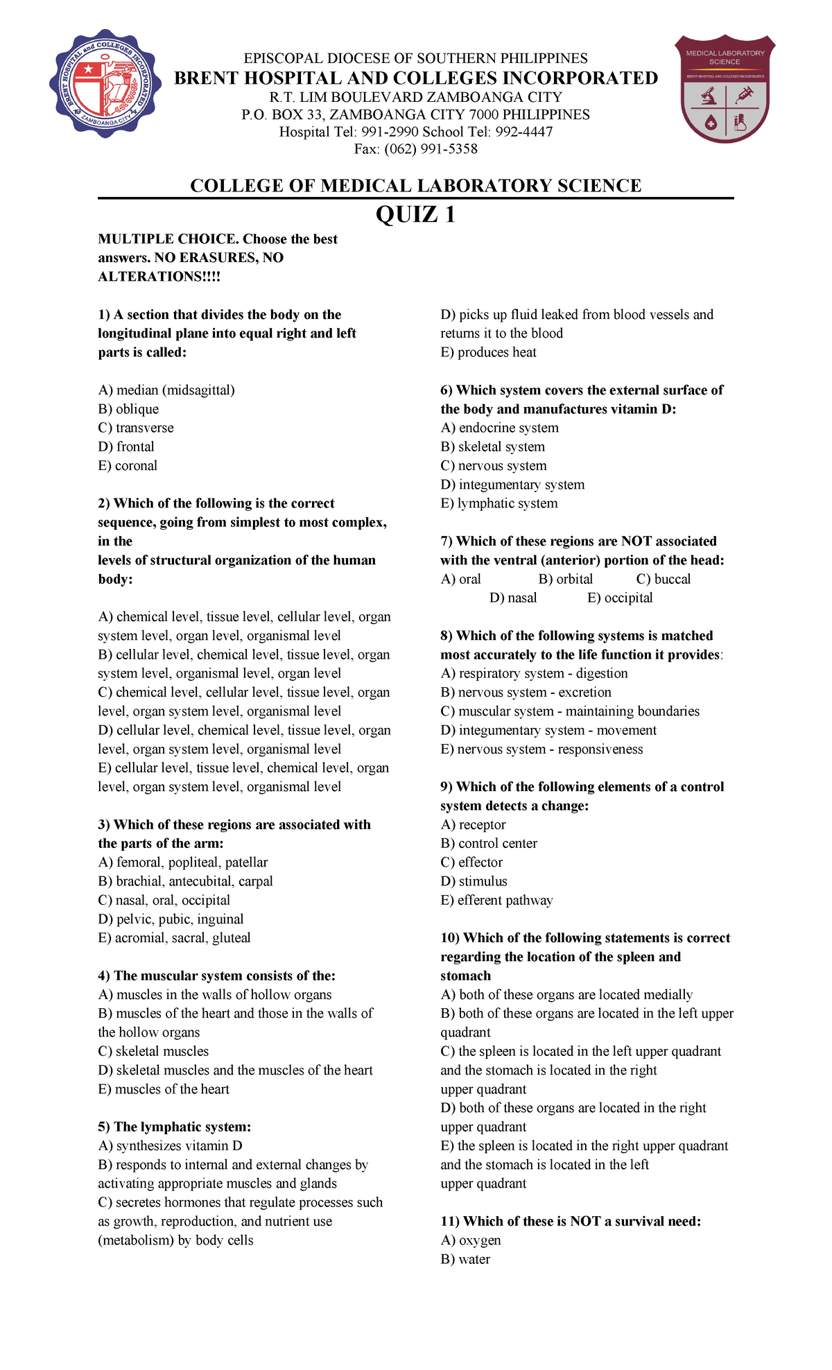 QUIZ 1: Key Concepts in Anatomy and Physiology for Anaphy - Studocu