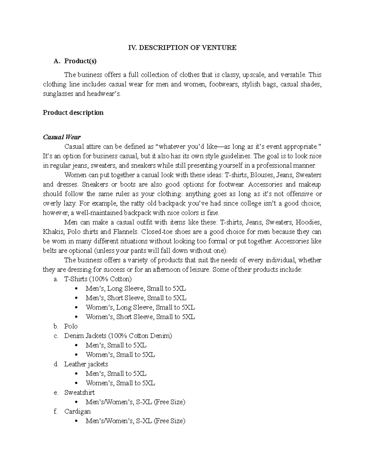 Business PLAN: Detailed Description of Clothing Venture - Studocu