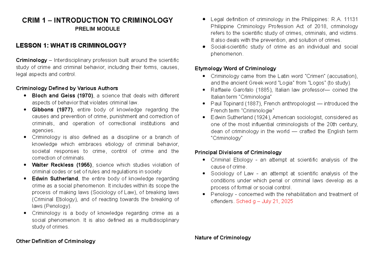 CRIM 1 - Introduction to Criminology: Lesson 1 Overview - Studocu