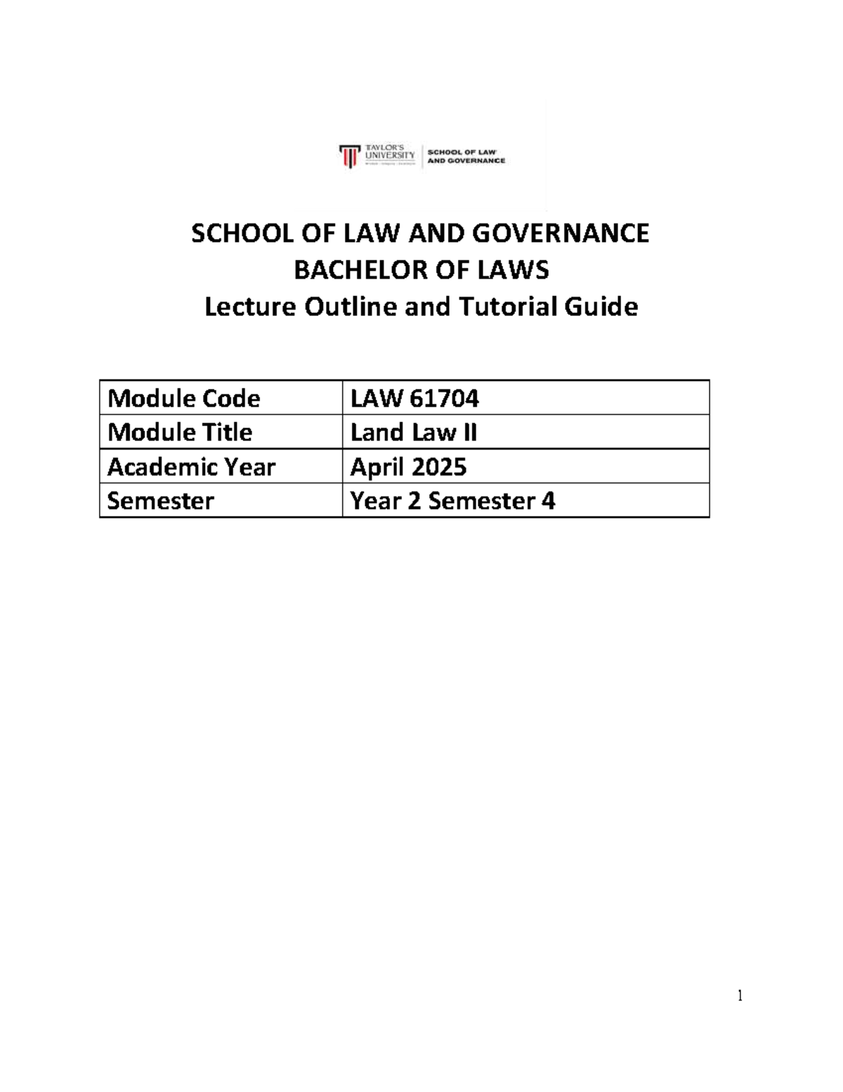 LAW 61704 Land Law II Lecture Outline & Tutorial Guide - April 2025 - Studocu