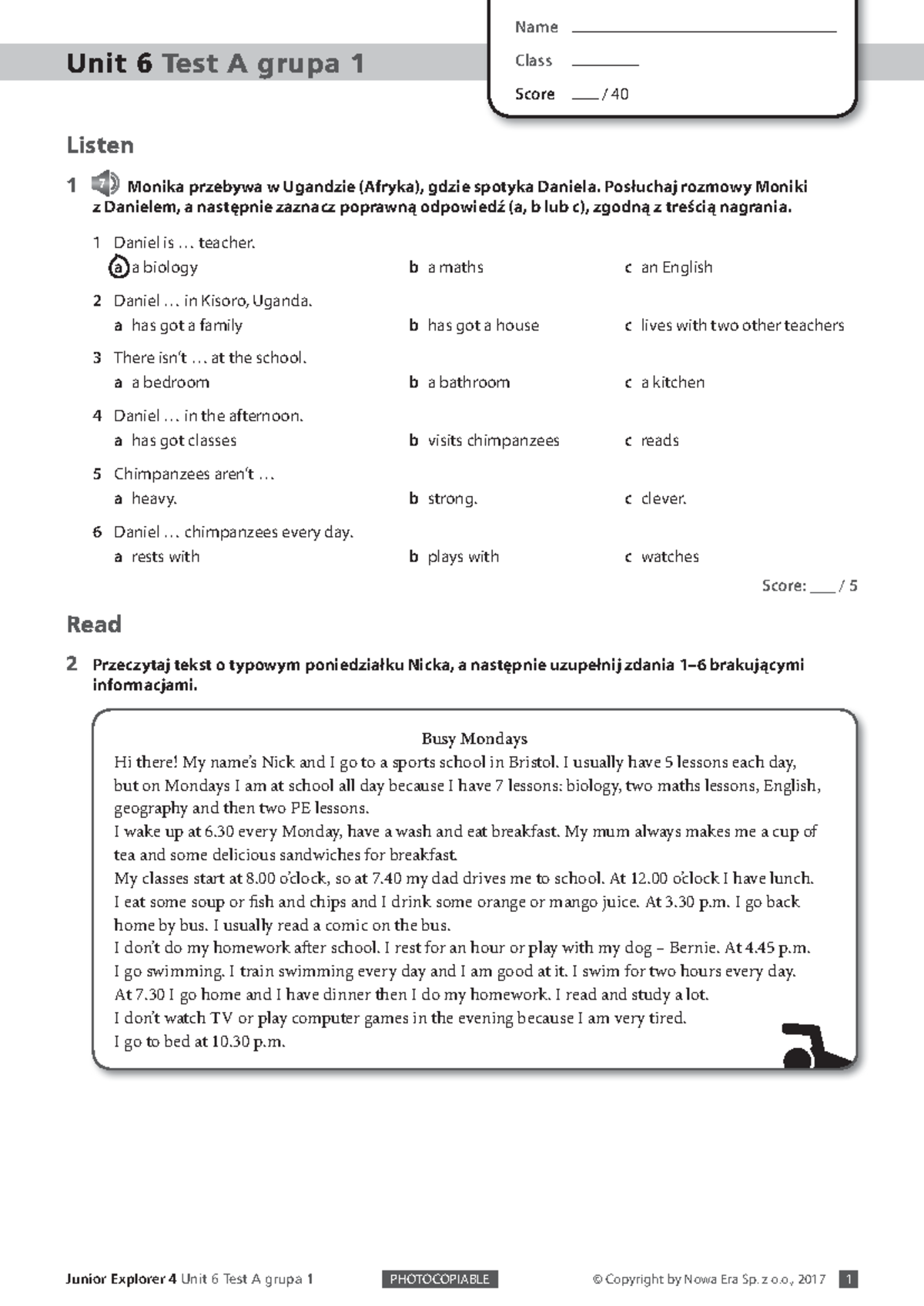 Junior Explorer 4 Unit 6 Test A Grupa 1 - Listening & Reading - Studocu