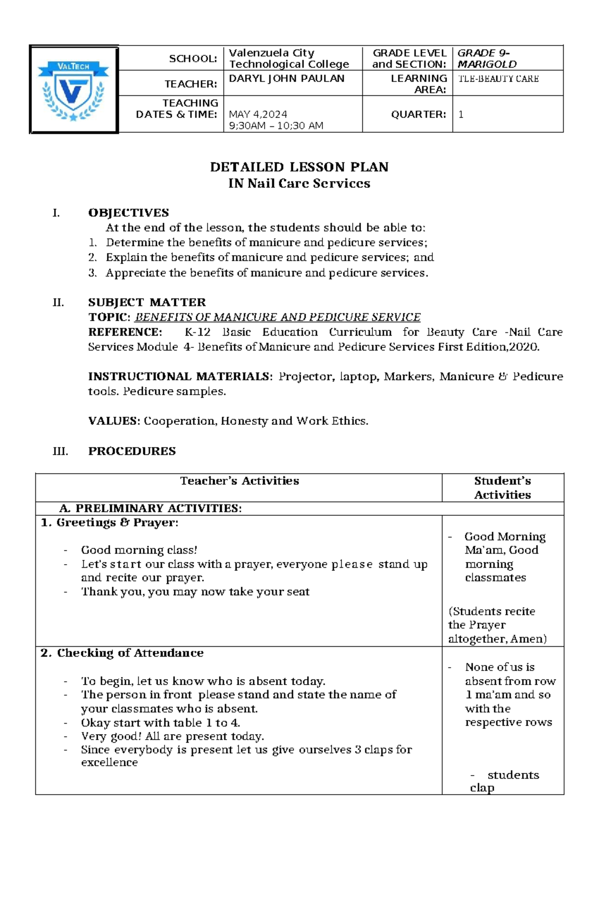 DLP: Detailed Lesson Plan on Nail Care Services for Grade 9 - Studocu