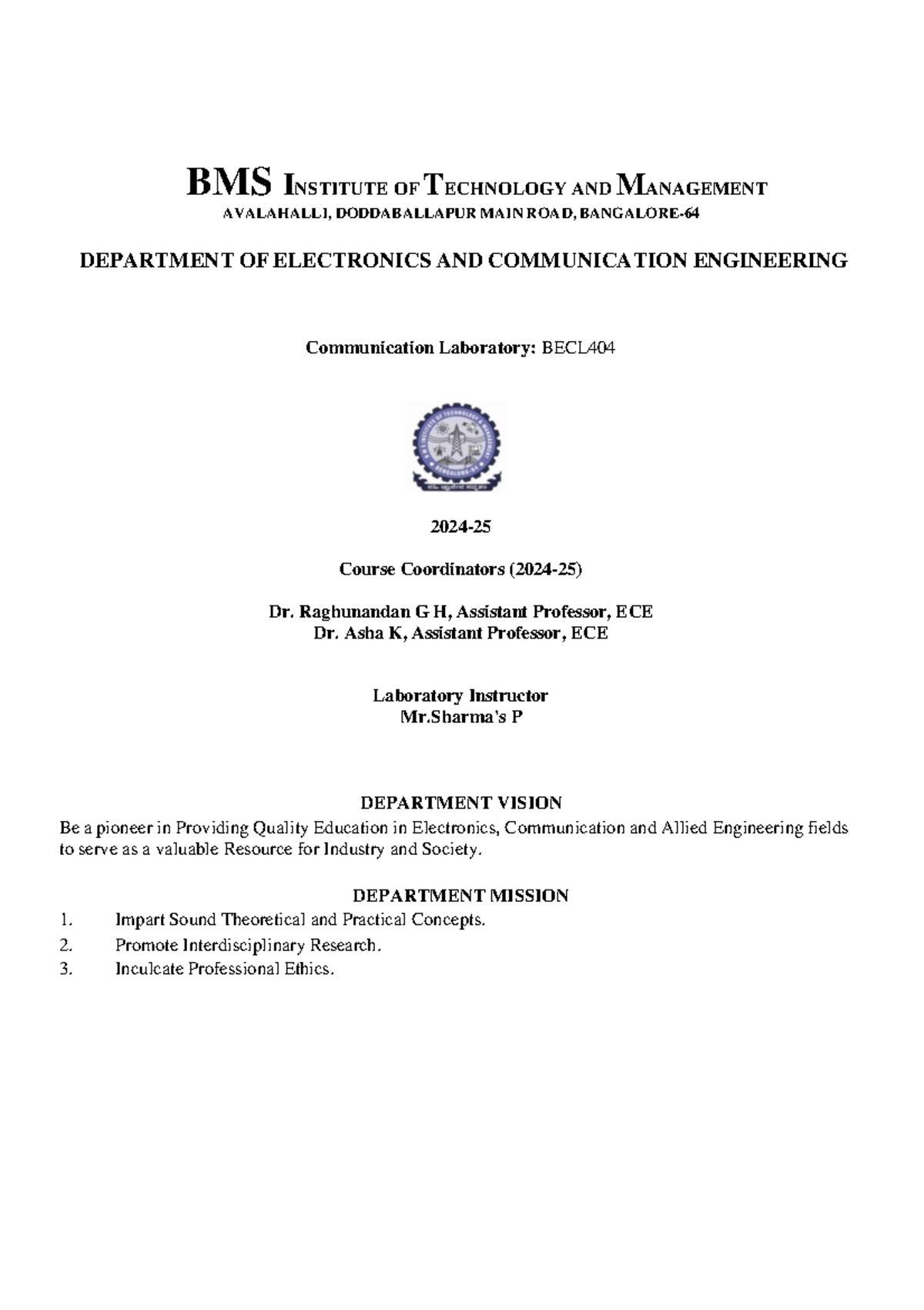 ECE BECL404 Communication Lab Manual: Experiments & Outcomes AY2024-25 - Studocu