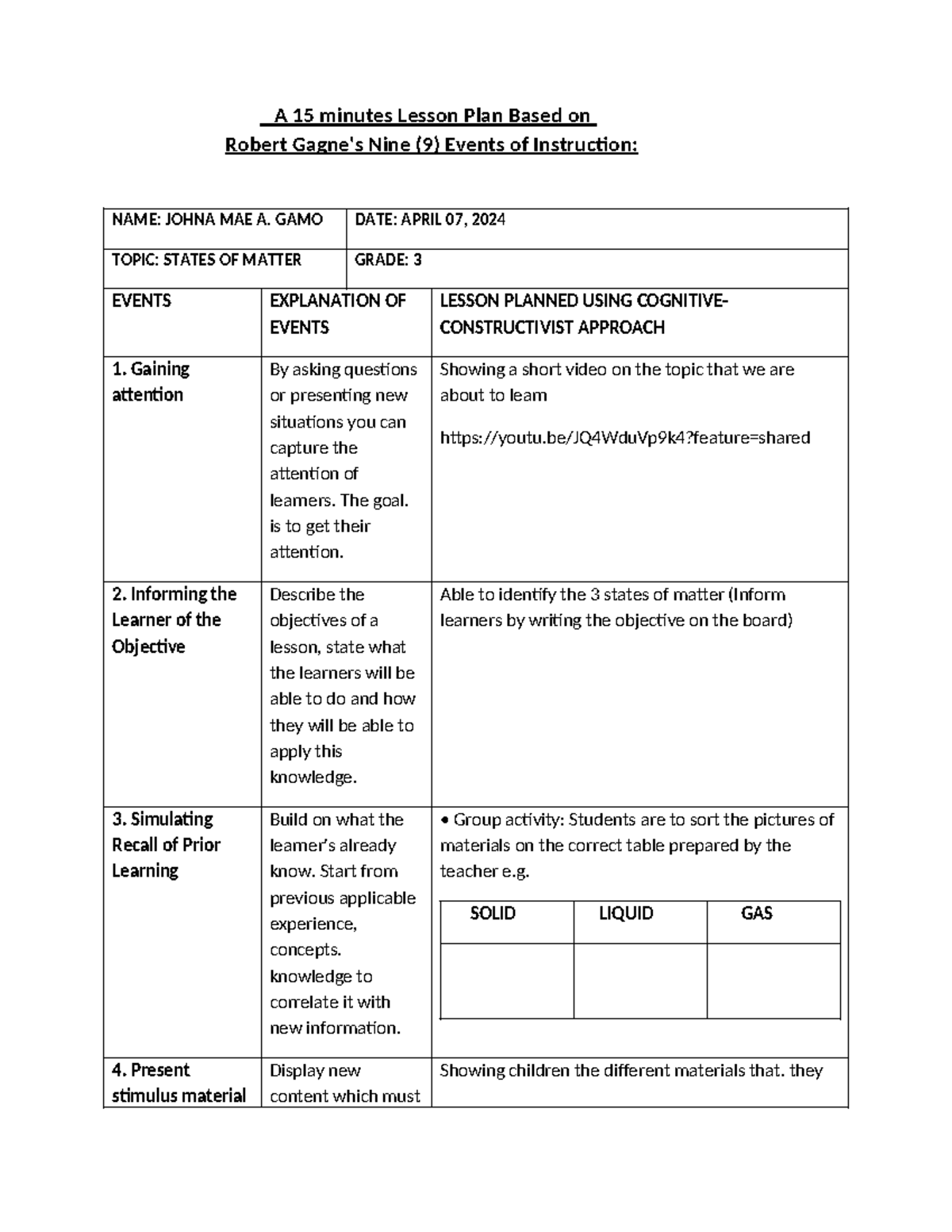Midterm Lesson Plan: 15-Minute Instruction on States of Matter - Studocu