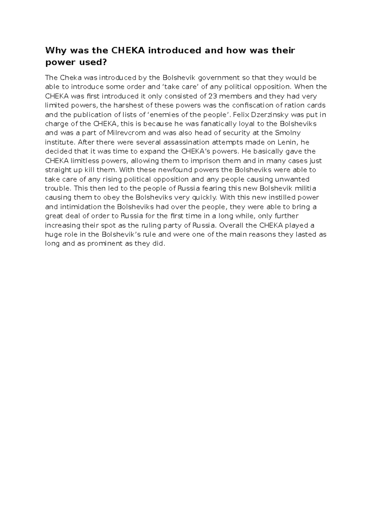 Cheka^J extended response - Why was the CHEKA introduced and how was ...
