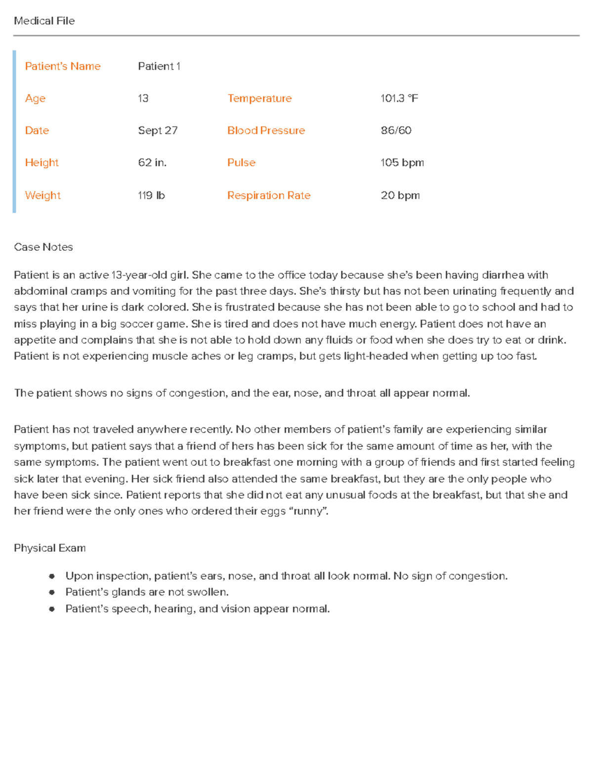 Patient 1 Medical Case Notes: Age 13, Symptoms & Exam Findings - Studocu