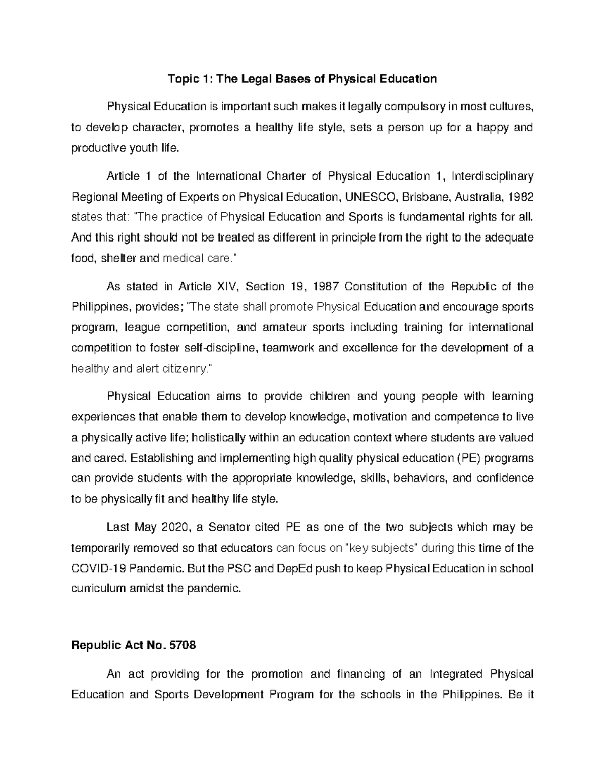 Physical Education Topic 1 - Topic 1: The Legal Bases of Physical ...