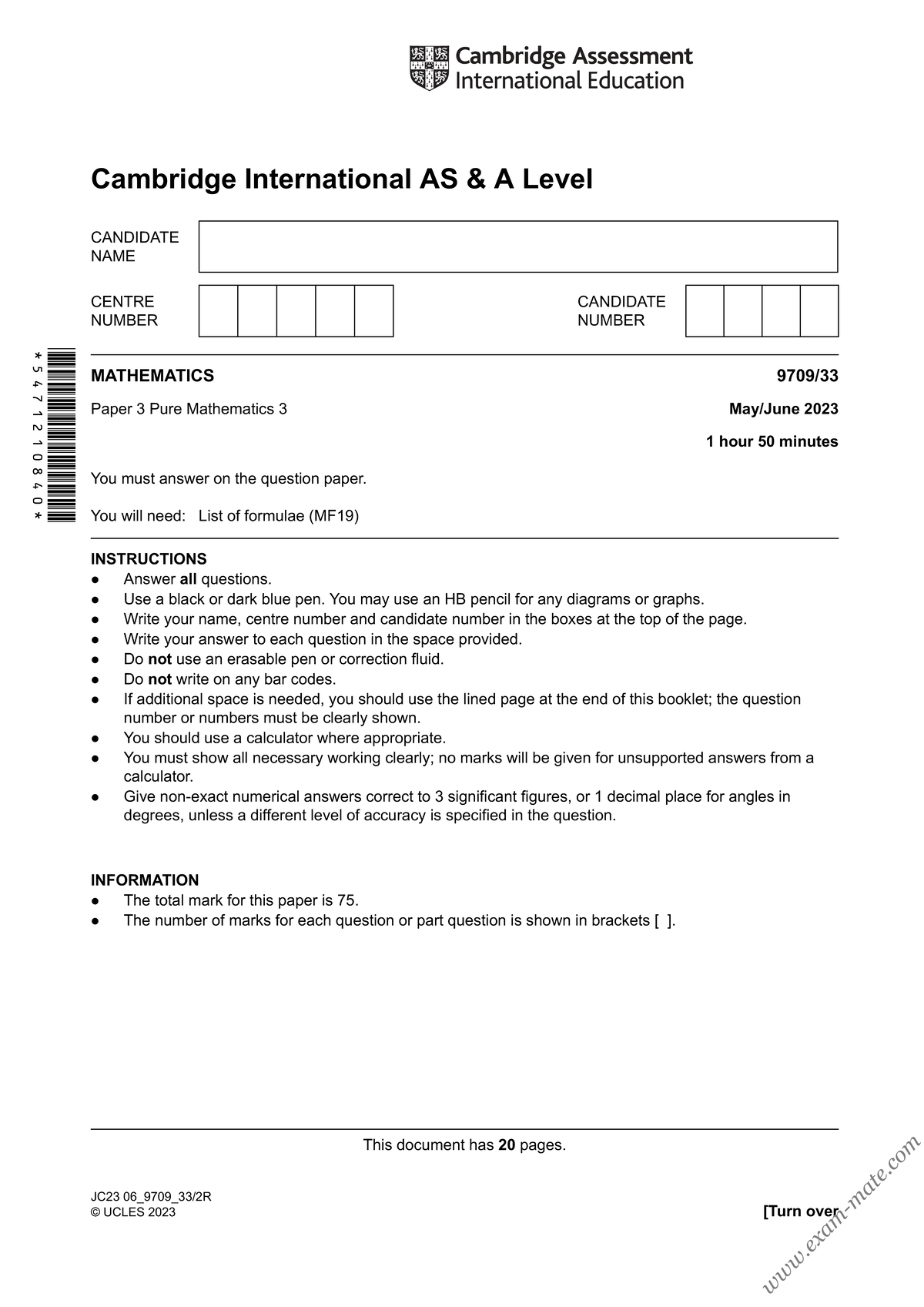 9709/03 Pure Mathematics 3 Paper 2023 - Question Paper - Studocu