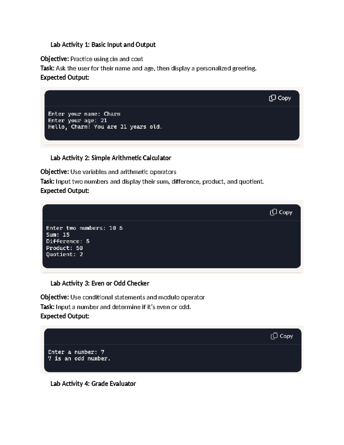 C++ Lab Activities: Input, Output, and Basic Logic Review - Studocu