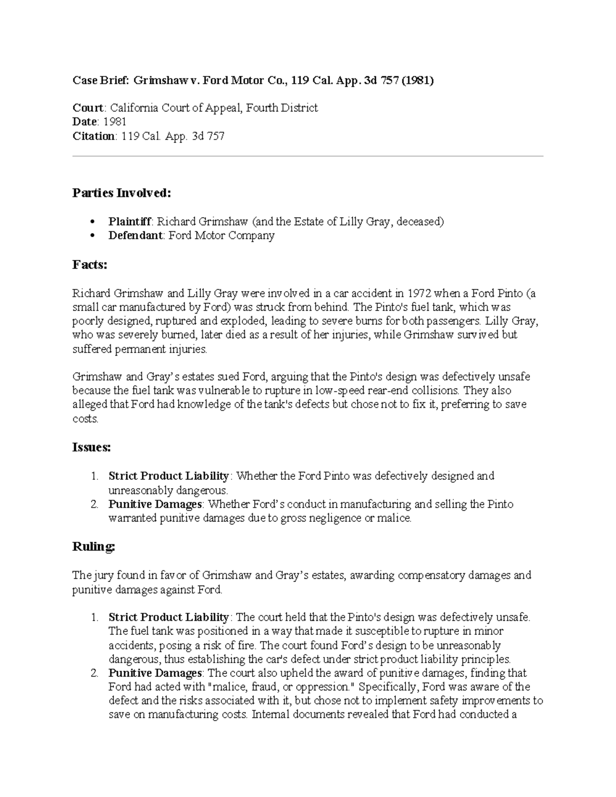 Assignment 3 Cases - Case Brief: Grimshaw v. Ford Motor Co., 119 Cal ...