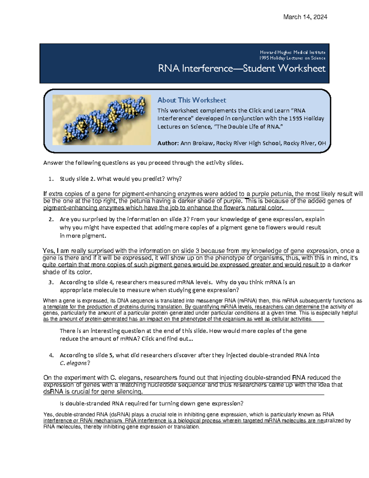 RNA Interference Worksheet: Insights from 1995 Holiday Lectures - Studocu