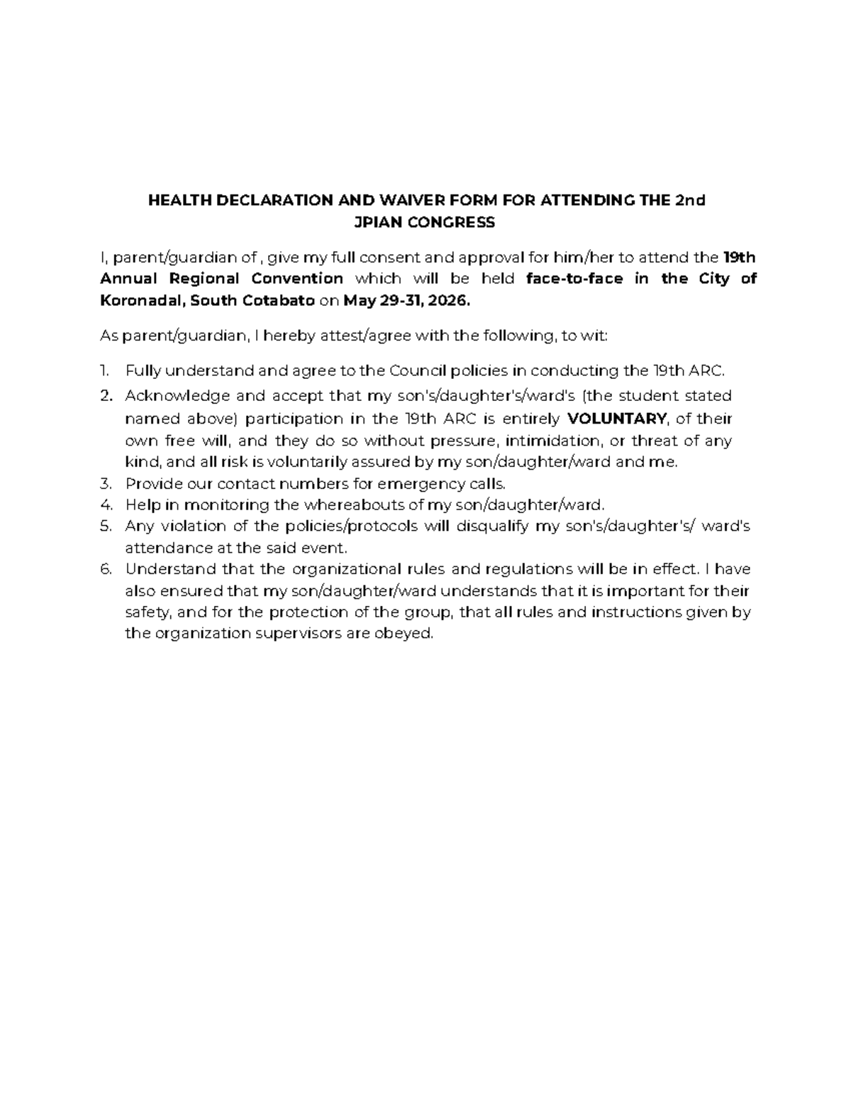 HEALTH DECLARATION & WAIVER FORM FOR 19th ARC Participation - Studocu