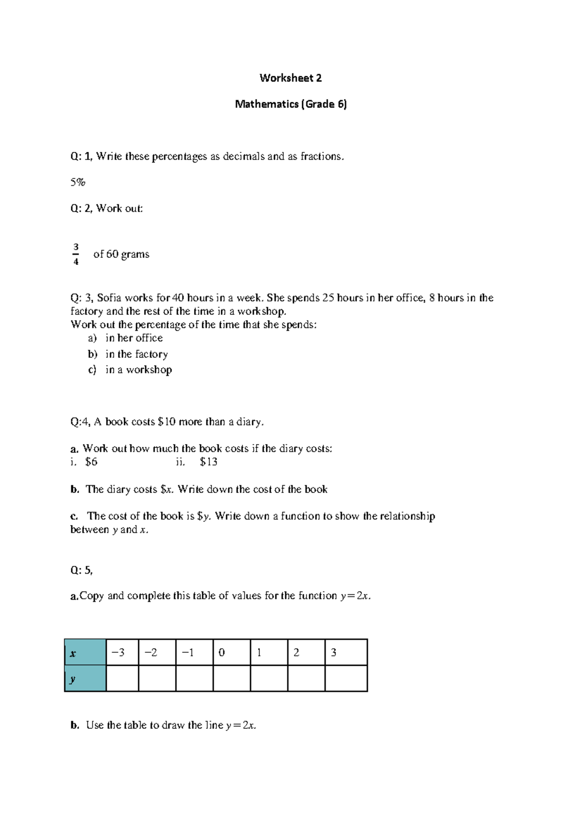 Worksheet 2 - Math Practice (Grade 6) on Percentages & Functions - Studocu