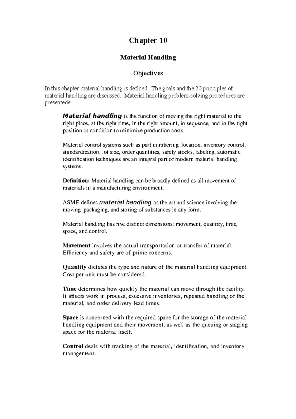 Chapter 10(Material Handling) - Chapter 10 Material Handling Objectives ...