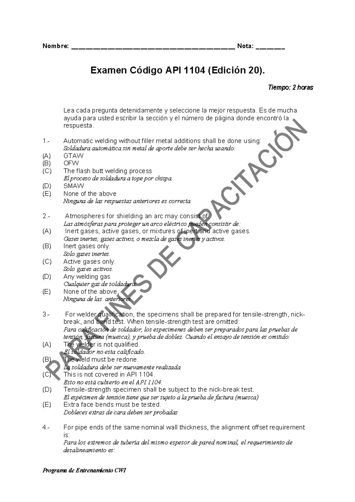 Examen API 1104 - Entrenamiento y calificación de soldadores - Studocu