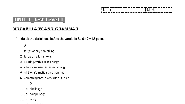 Outlook 1 Unit 1 Test: Vocabulary & Grammar Review - Studocu