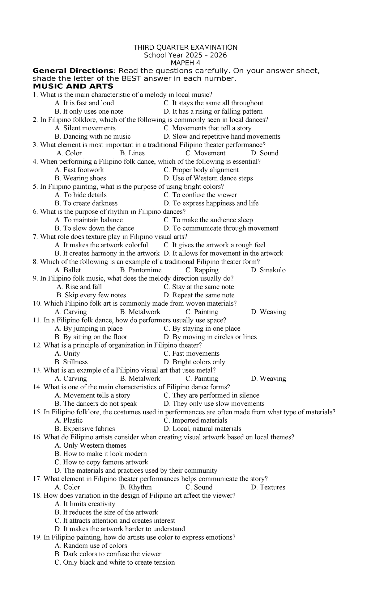 MAPEH 4 Q3 EXAM: Questions, Answer Key & TOS - Studocu