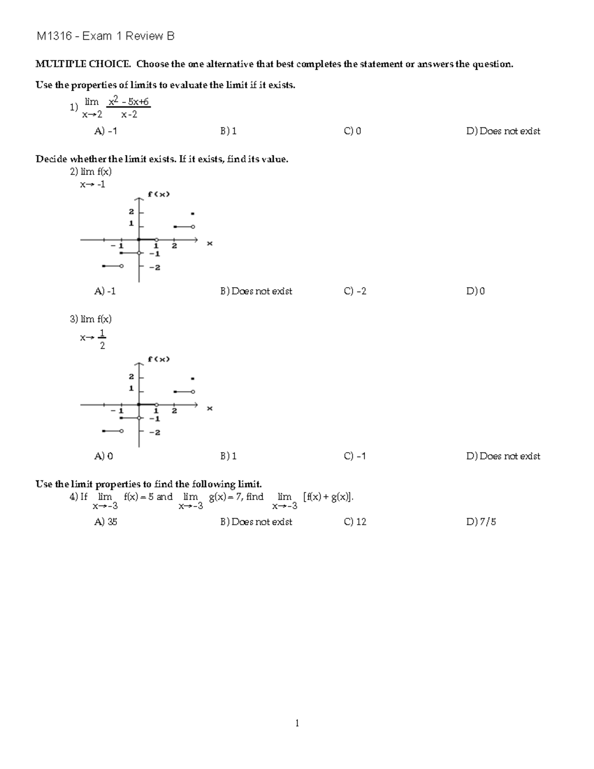 Math 1316 Exam 1 Review B: Limit and Derivative Concepts - Studocu