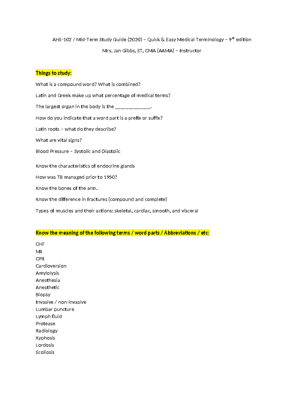 AHS-102 Mid-Term Study Guide: Quick & Easy Medical Terminology - Studocu