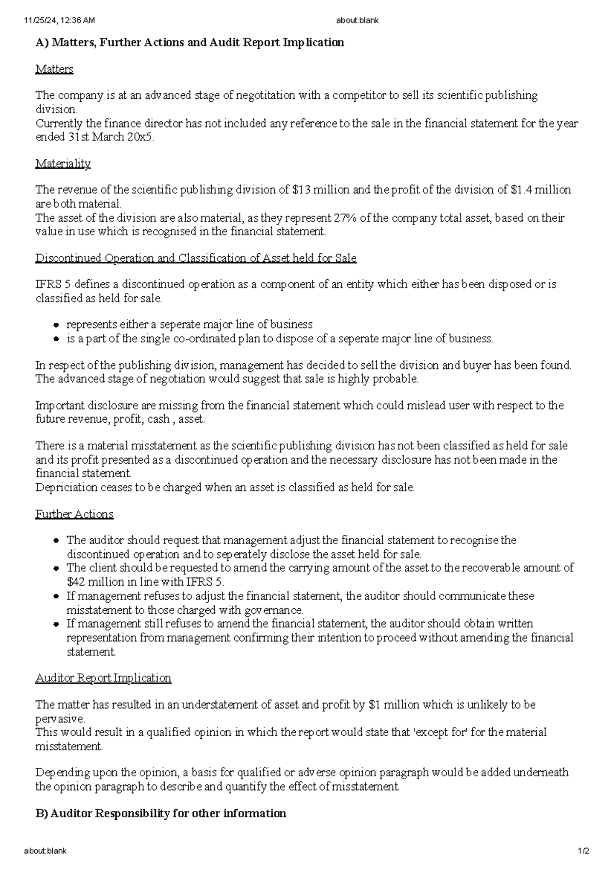ACCA 20x5 - Myron Co Audit Report & Financial Statement Issues - Studocu