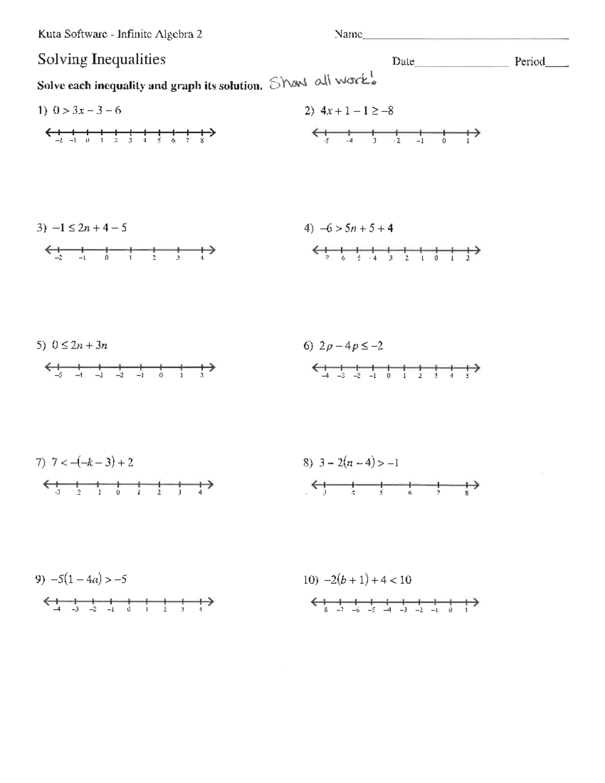 Alg 1 1.5a HW: Solving Inequalities & Graphing Solutions - Studocu