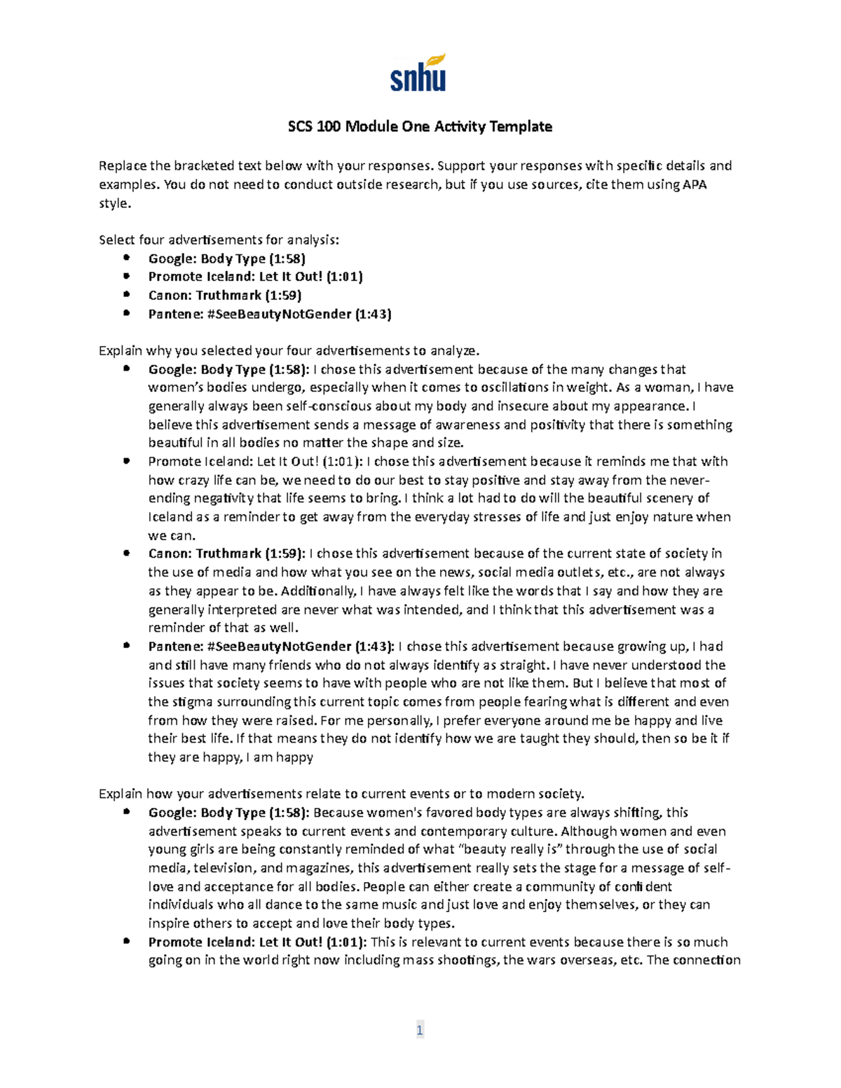 SCS 100 Module One Activity: Analyzing Advertisements and Impact - Studocu