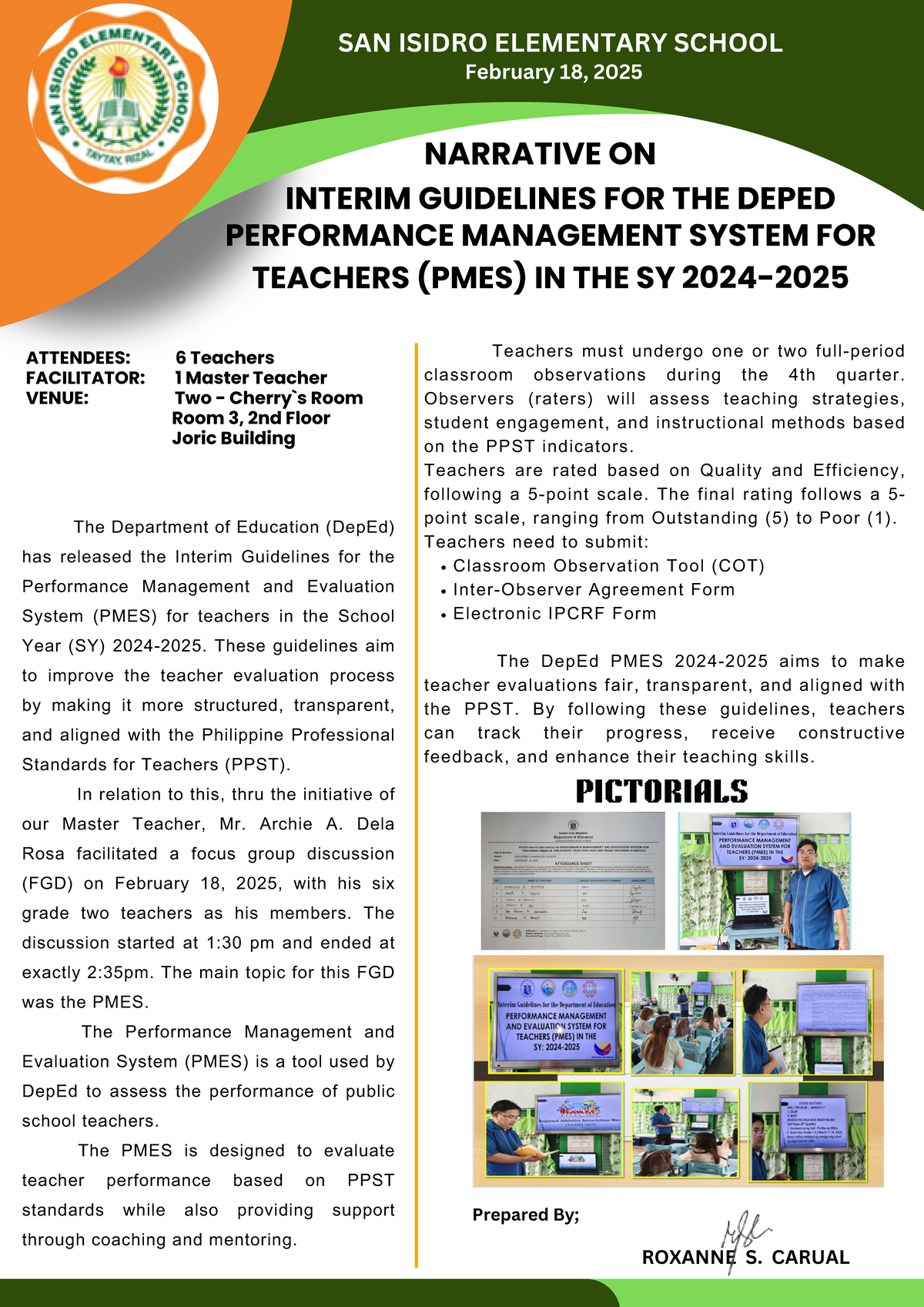 FGD on PMES for Teachers - Narrative Report (SY 2024-2025) - Studocu