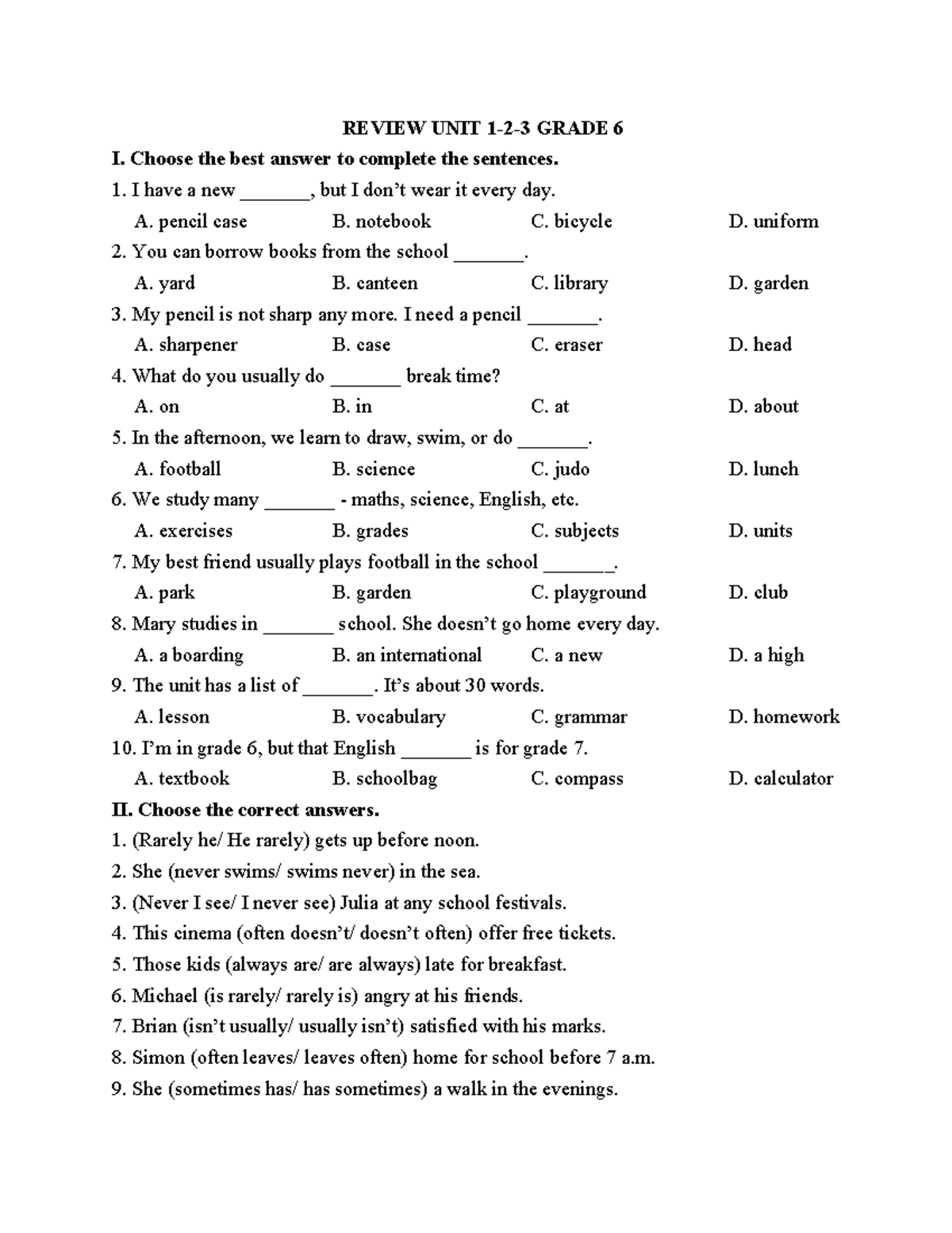 G 6 hk 1 Revision FOR Midterm TEST - REVIEW UNIT 1-2-3 GRADE 6 I ...