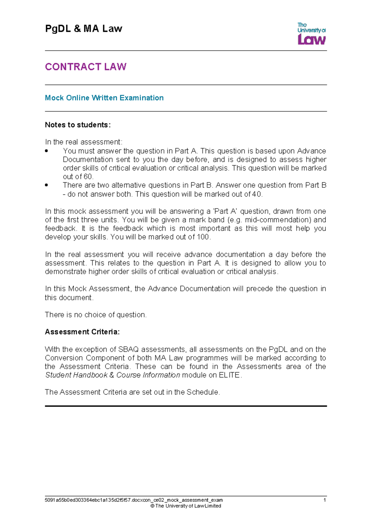 PgDL MA Law CONTRACT LAW Mock Exam Notes and Guidance - Studocu