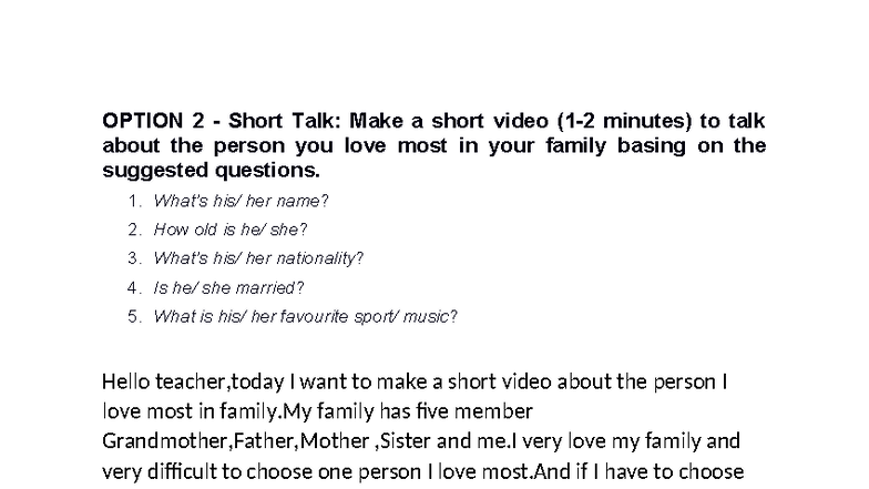 Speaking Unit 3 - EOP: Short Video on My Beloved Family Member - Studocu