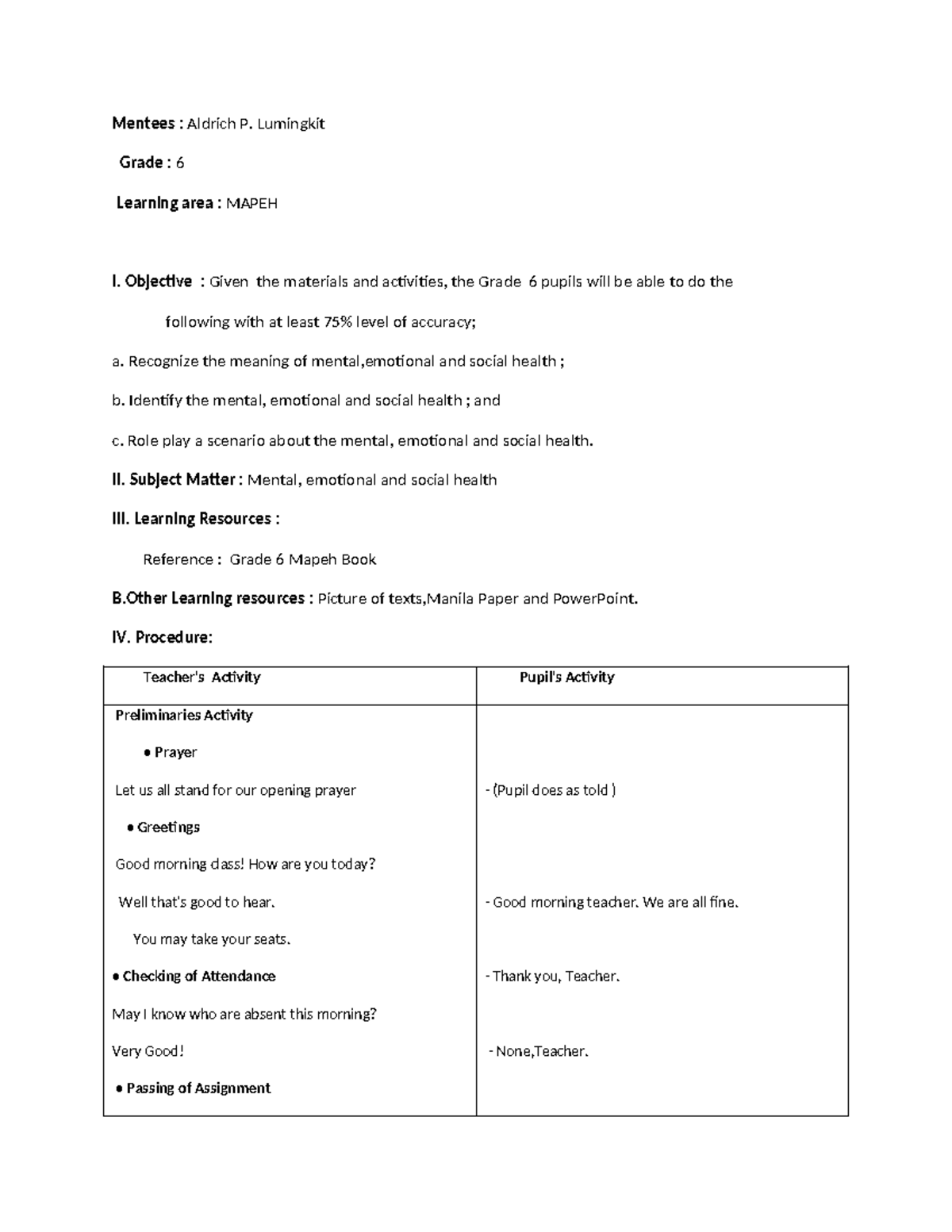 Grade 6 MAPEH Lesson Plan: Mental, Emotional & Social Health - Studocu
