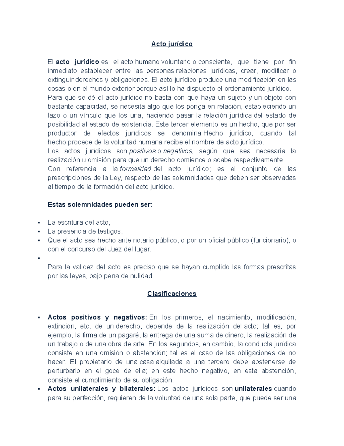 Acto Jurídico: Conceptos y Clasificaciones en Derecho - Studocu