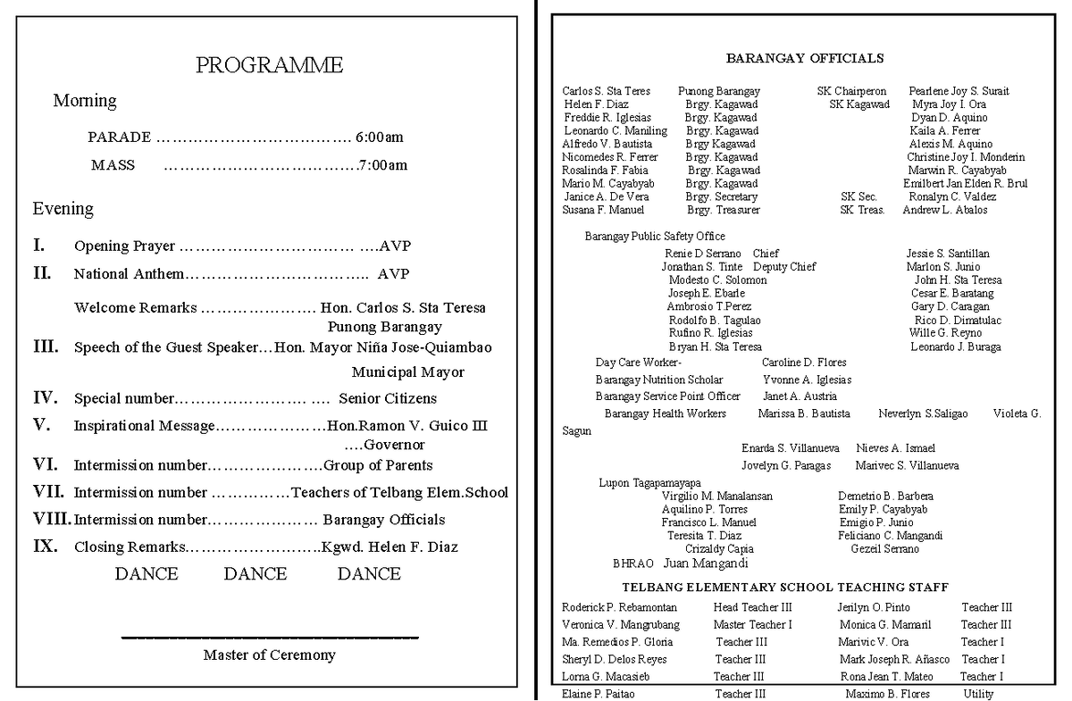 Barangay Fiesta Program 2023: Morning Parade & Evening Events - Studocu