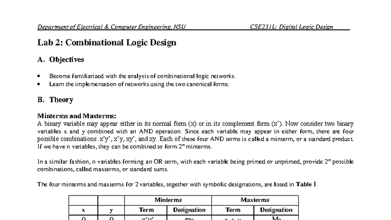 CSE231L: Lab 2 - Combinational Logic Design & Canonical Forms - Studocu