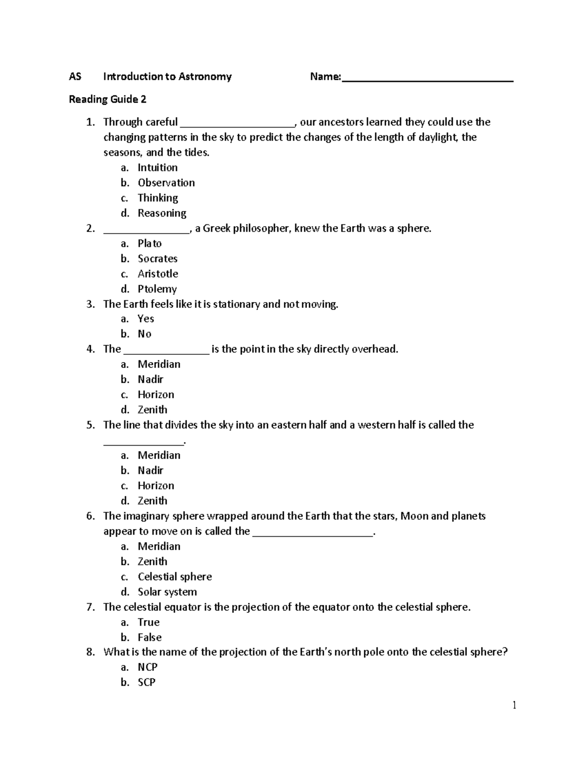 ASTR 101 - Reading Guide 2 Worksheet for Astronomy Concepts - Studocu
