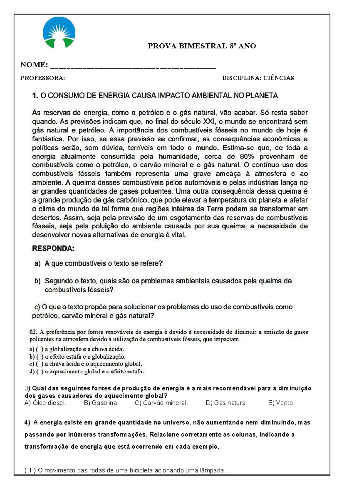 Prova 1º Bimestre 8º Ano - Ciências - Questões sobre Energia - Studocu