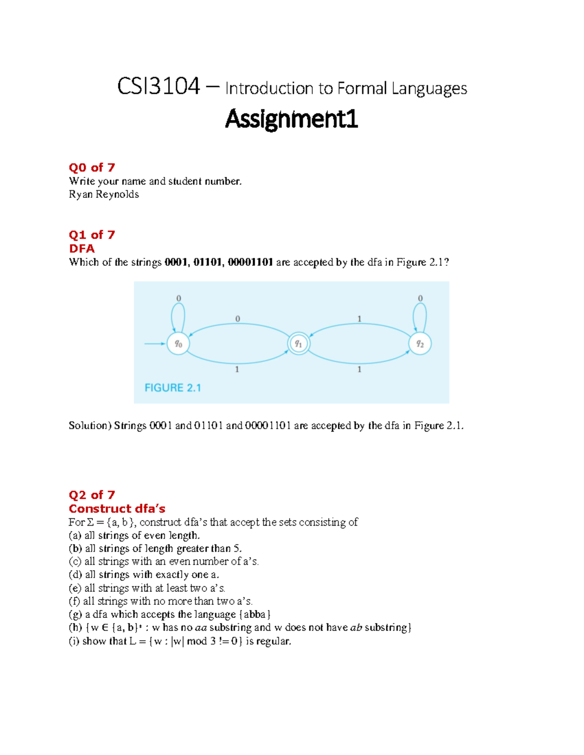CSI3104 - Formal Languages Assignment 1 Solutions & NFA/DFA Analysis - Studocu