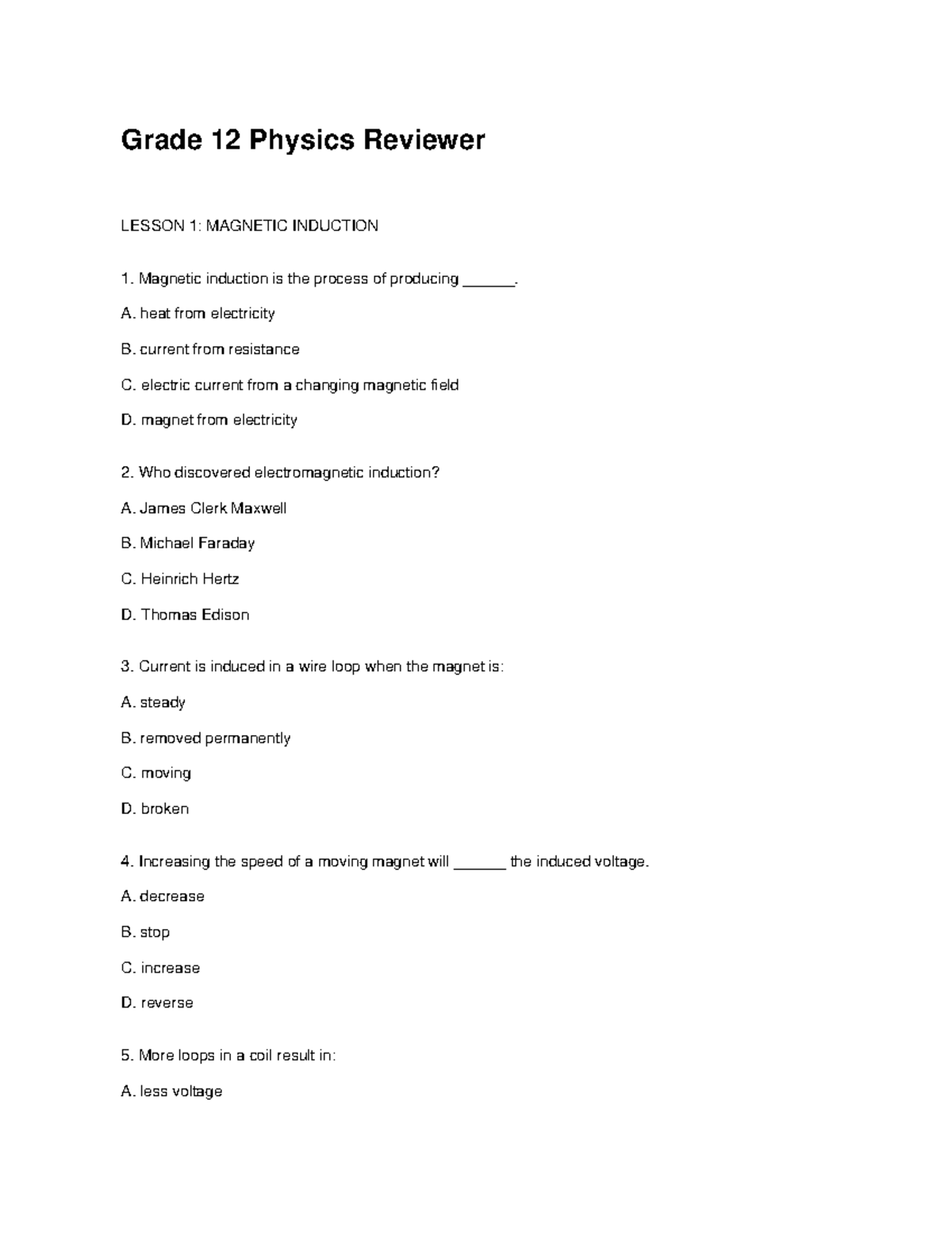 Grade 12 Physics Reviewer: Lesson on Magnetic Induction and Electricity ...
