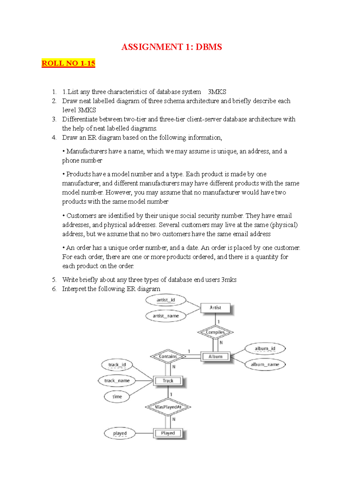 Assignment 1: DBMS Characteristics, ER Diagrams & Relational Algebra ...