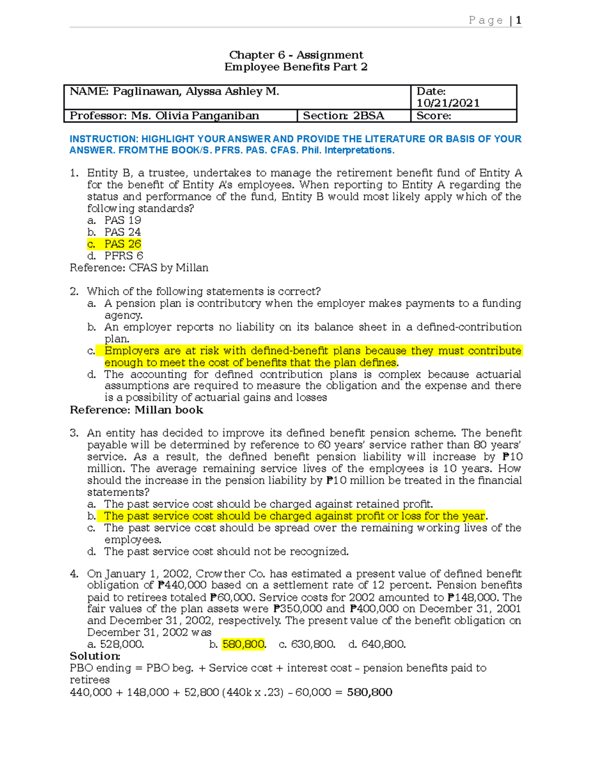 Paglinawan - HW Chapter 6 Employee Benefits PART 2 2021 - Chapter 6 ...