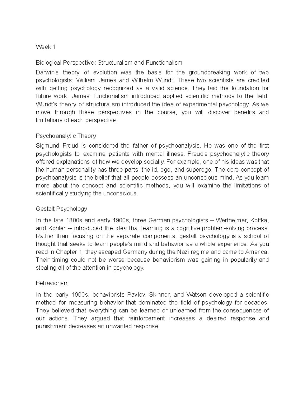Psych 101: Week 1-3 Lecture Notes on Psychology Perspectives and ...