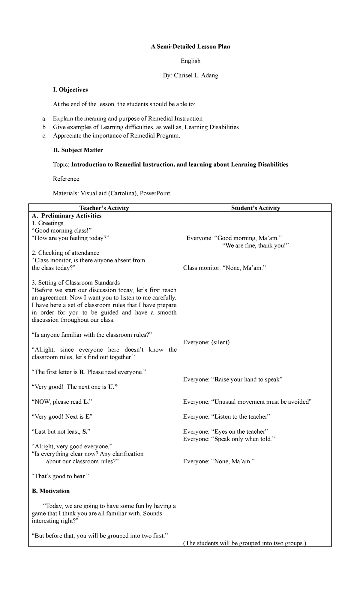 Detailed Lesson Plan on Remedial Instruction & Learning Disabilities ...