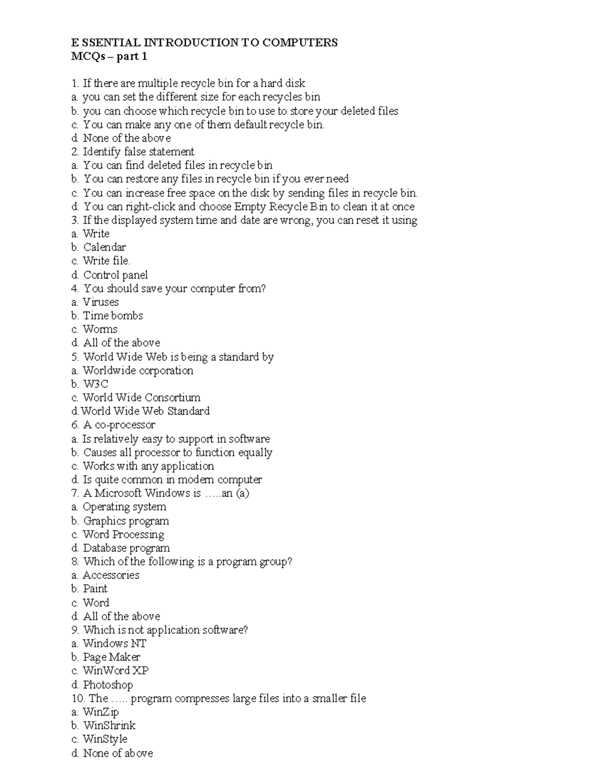 CIS131 Essential Introduction to Computers MCQs Part 1 - Studocu