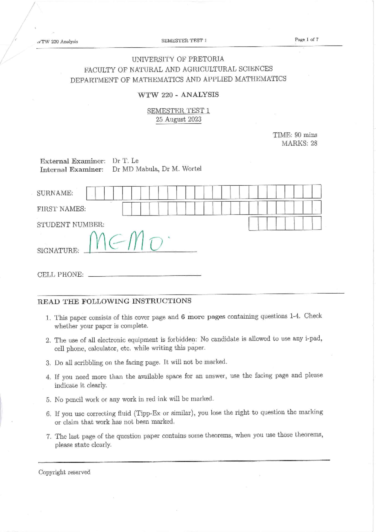 WTW 220 2023 Semester Test 1 Memorandum - Studocu