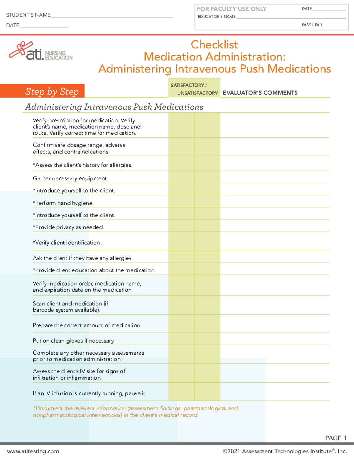 ATI Checklist for Administering IV Push Medications - Studocu