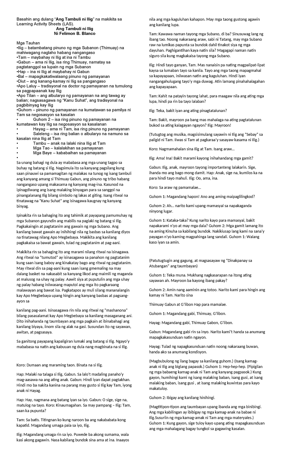 Tamboli NI ILIG - Dulang Pambata para sa Ikapitong Baitang - Studocu