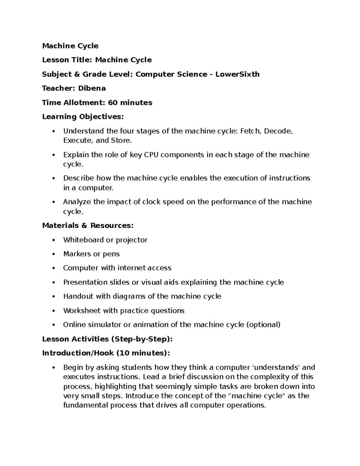 Lower Sixth Computer Science Lesson: Understanding the Machine Cycle ...